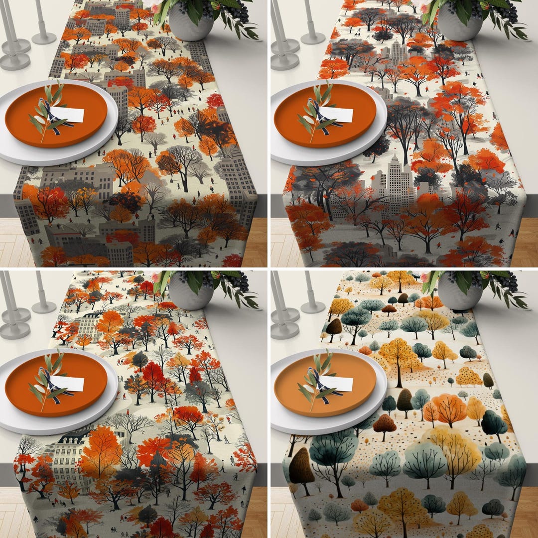 Orange Autumn Trees in City Table Runner, Fall Forest Table Runner, Any ...
