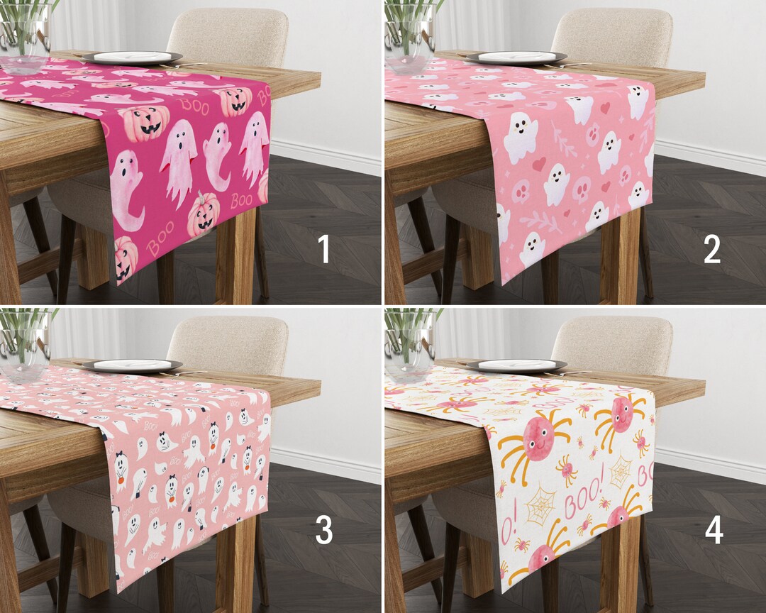 Cute Pink Halloween Boo Table Runner, Halloween Ghost & Spider Kitchen ...