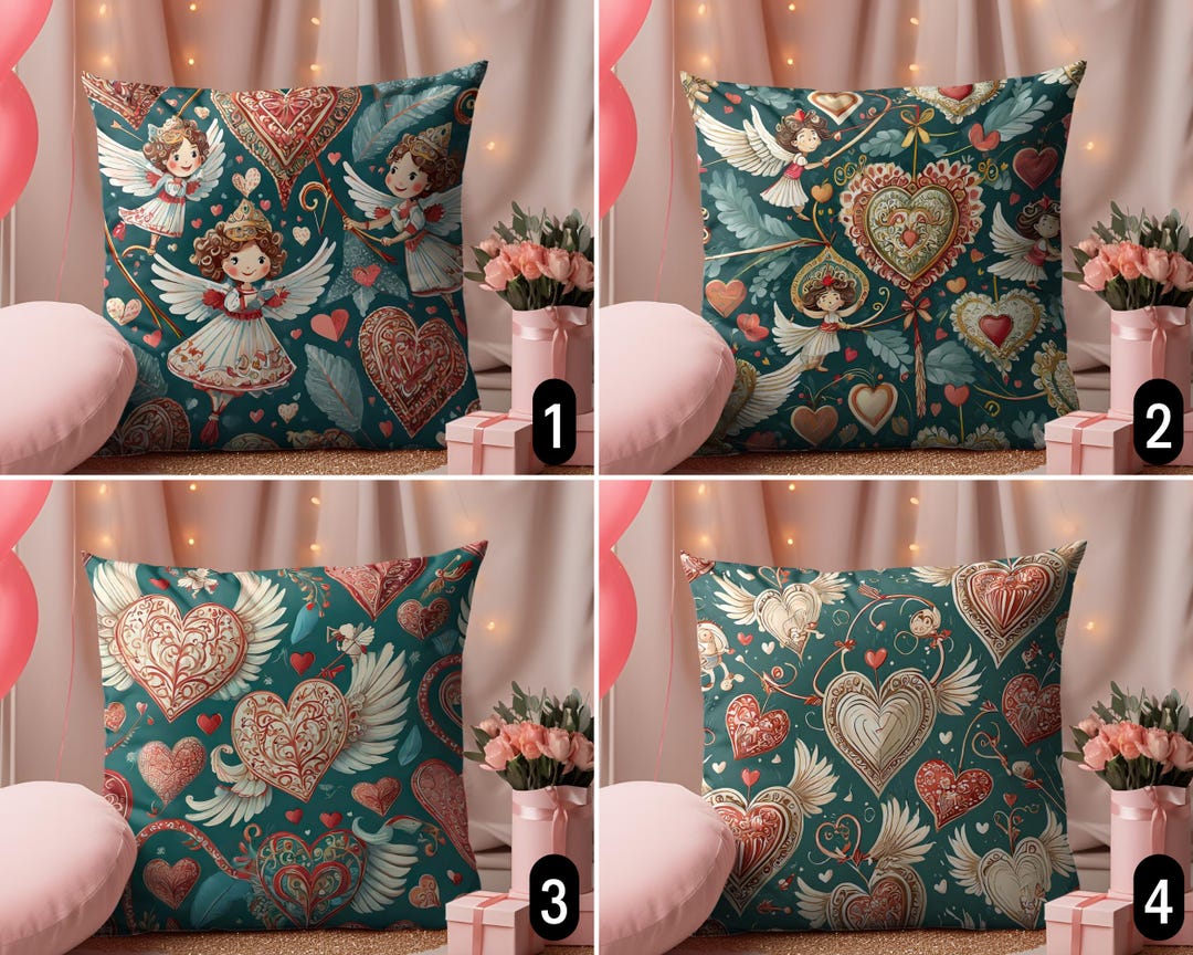 Boho Vintage Valentine's Day Pillow Case, Cherub Angels & Hearts Pillow ...