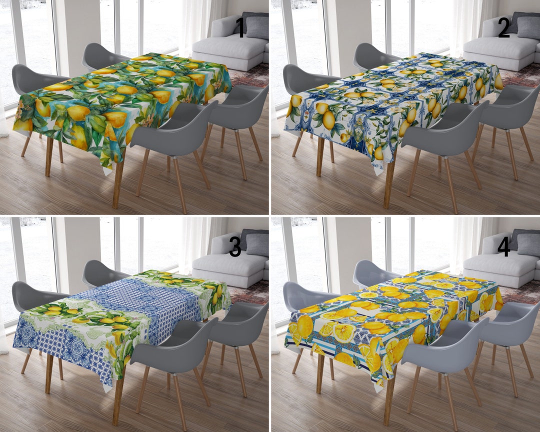 Lemon on Tile Tablecloth, Blue Yellow Fresh Citrus Table Cover, Dining ...