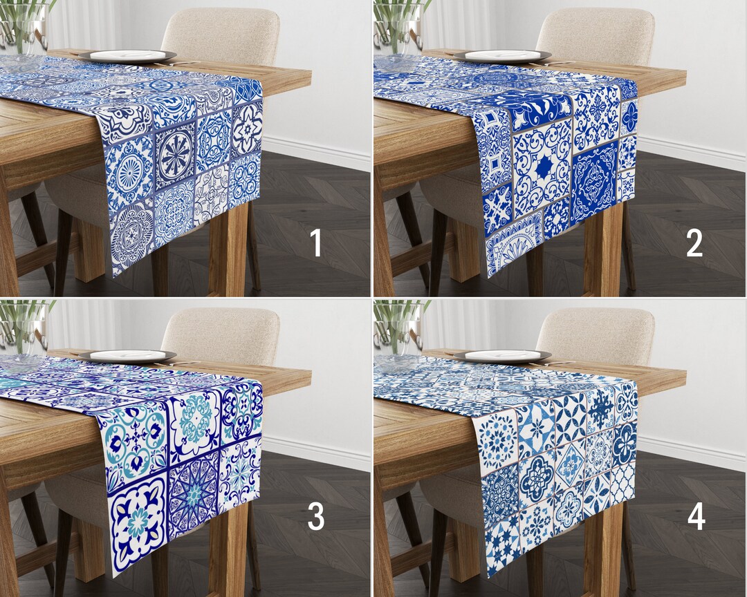 Blue Spanish Mosaic Table Runner, Traditional Tile Pattern Runner ...