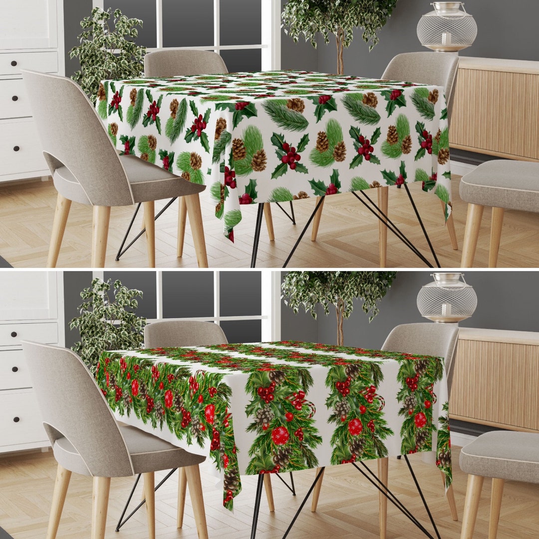 Pine Cone & Holly Tablecloth, Pine Tree Wintertime Tablecloth, Floral ...