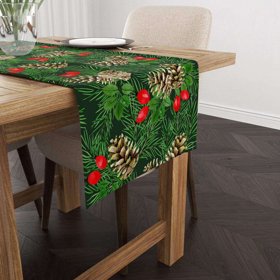 Pine Cone Table Runner Pine Tree Kitchen Runner Green Winter - Etsy