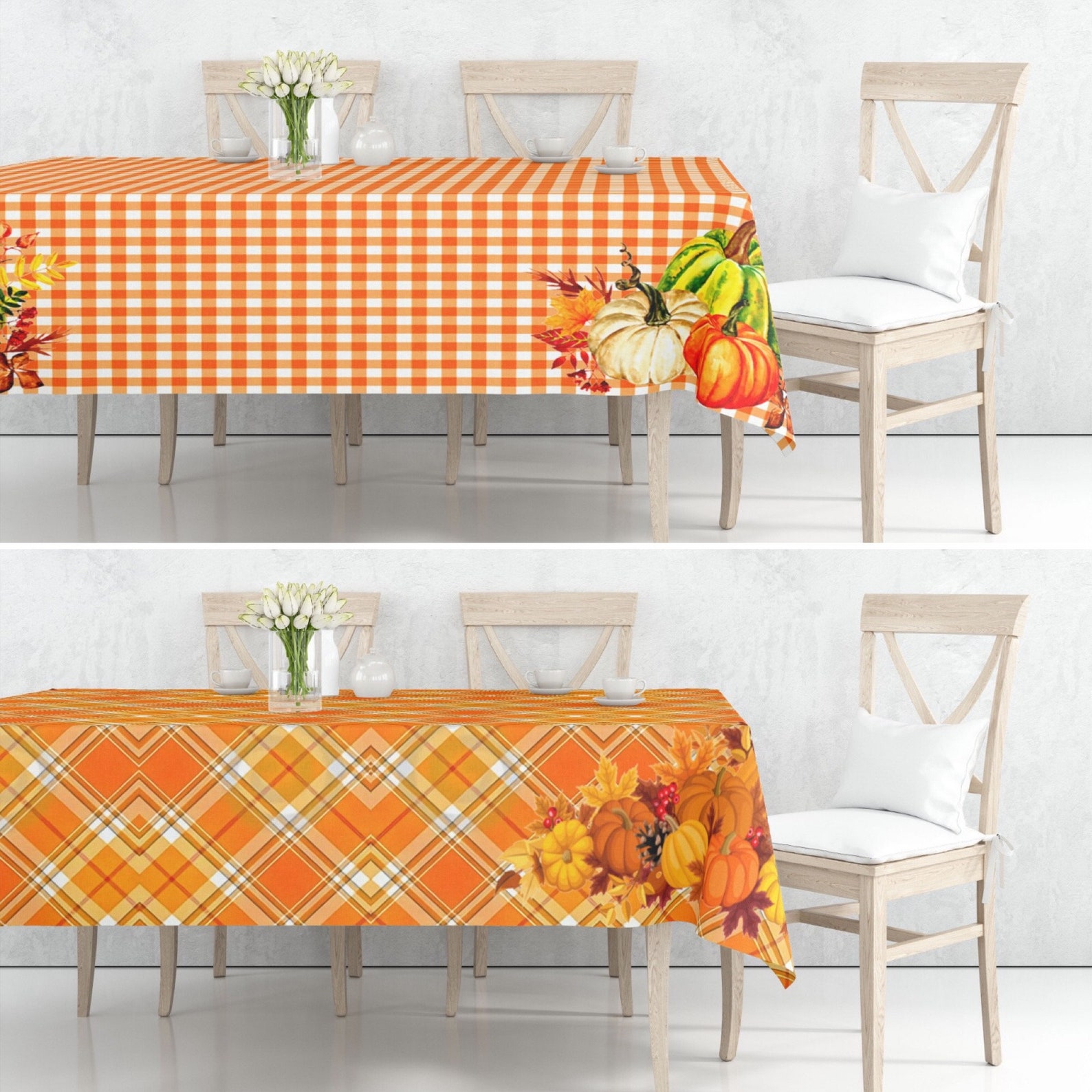 Autumn Pumpkin Tablecloth, Checkered Orange Plaid Table Cover, Dining ...