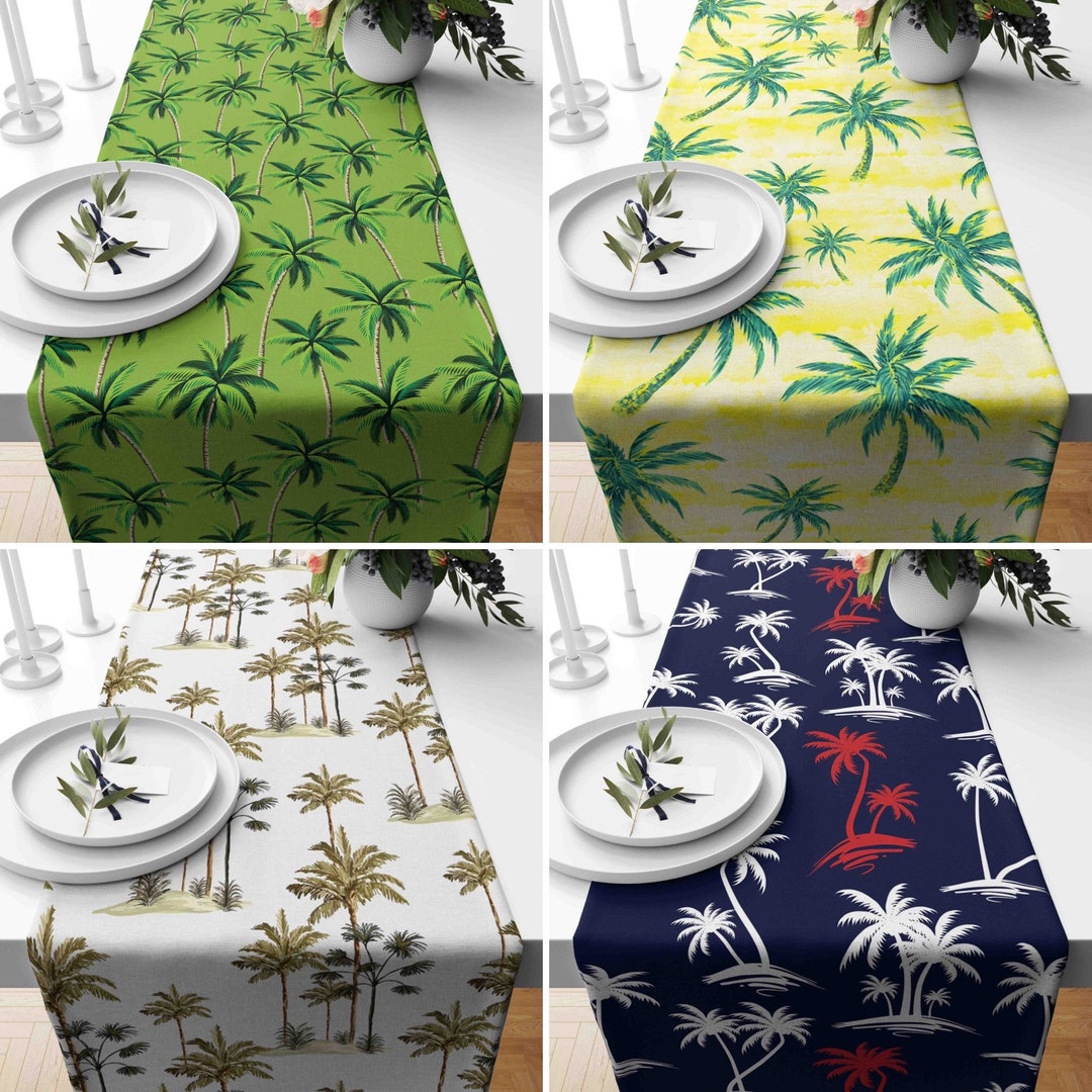 Palm Tree Pattern Table Runner, Tropical Summer Kitchen Runner, Green ...
