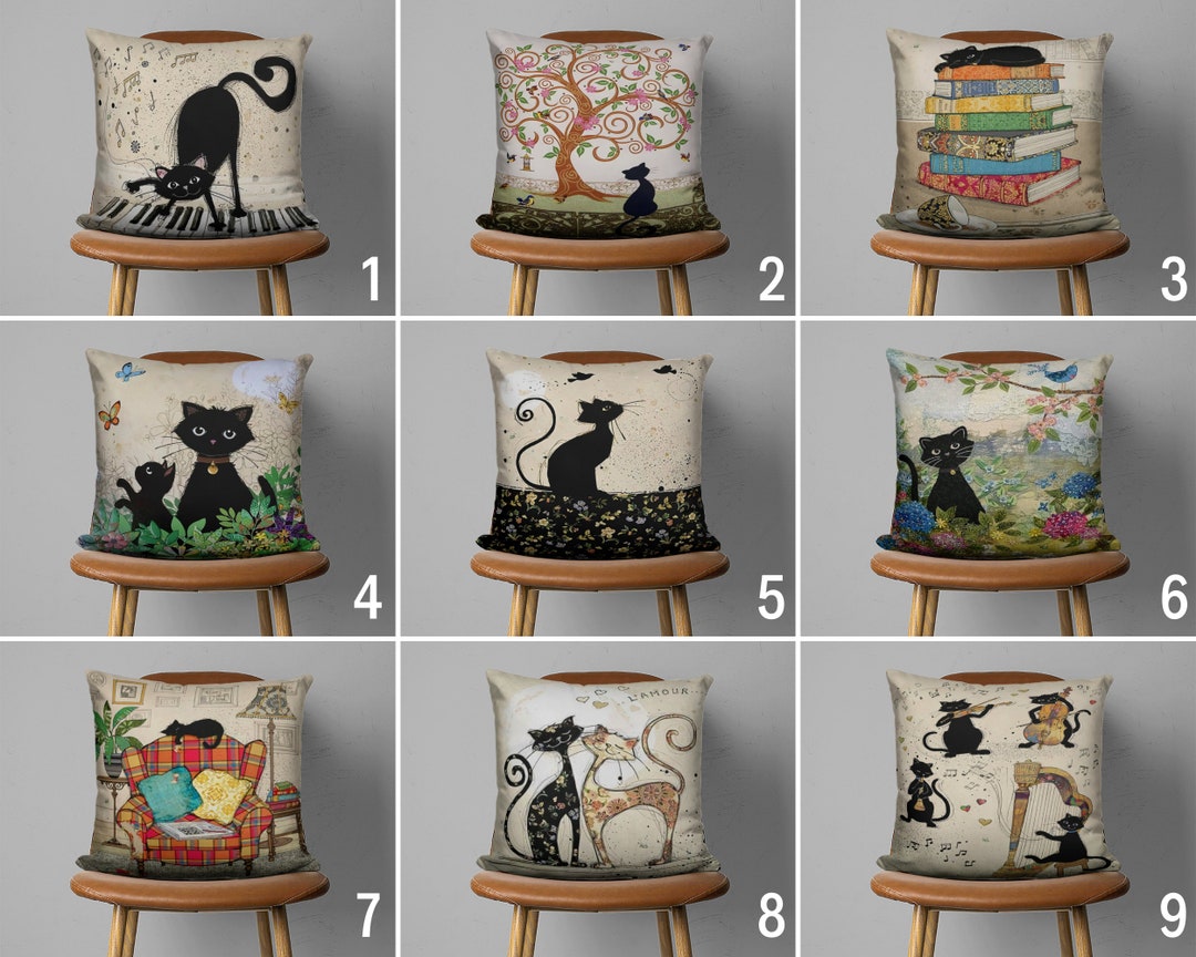 Cute Black Cat Illustrations Pillow Cover, Cats Cushion Cover, Pretty ...