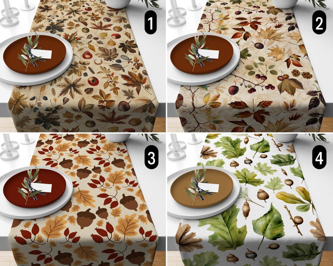 Fall Leaves & Acorns Table Runner, Earth Tones Botanical Autumn Runner ...