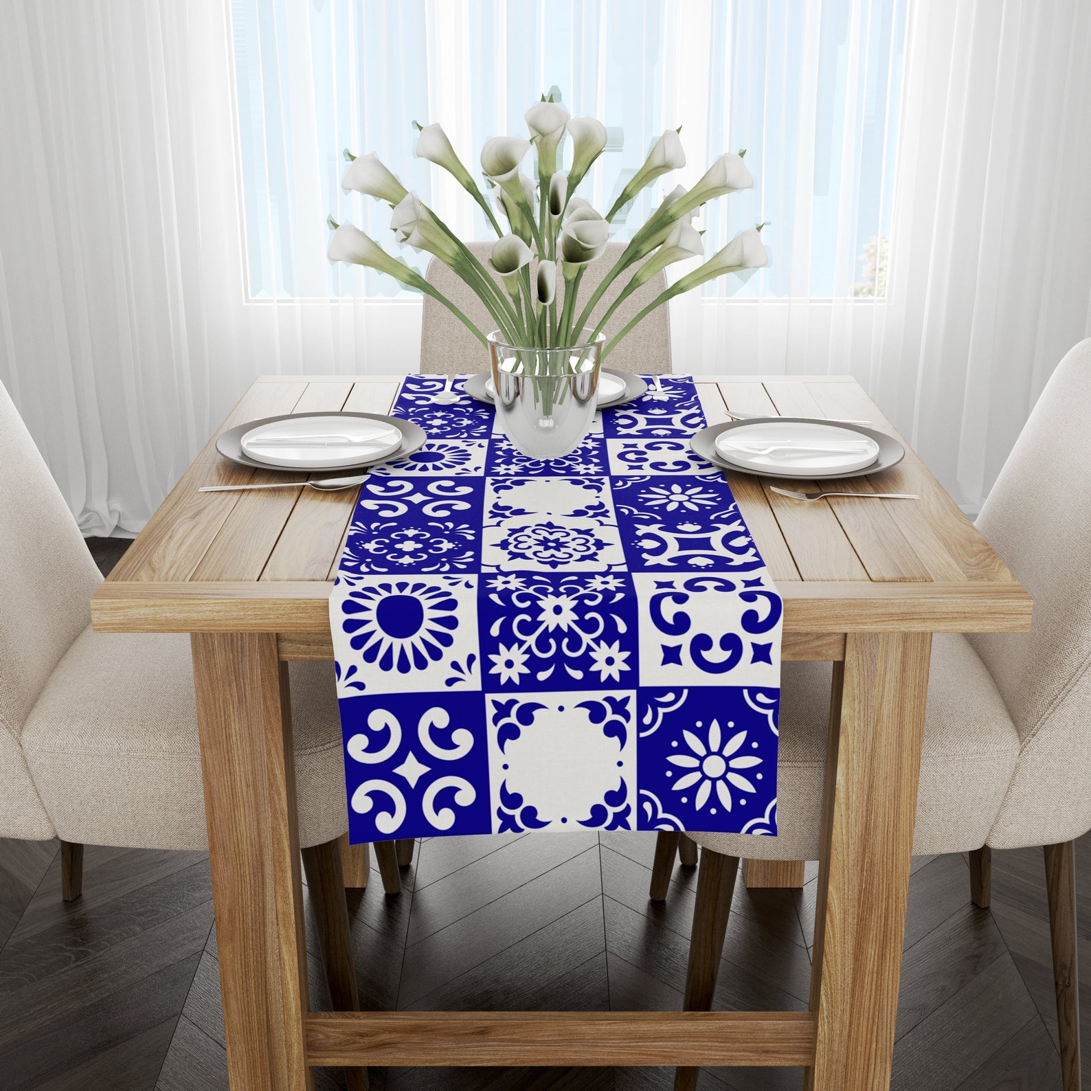 Bright Blue Spanish Style Kitchen Runner, Ethnic Table Runner ...