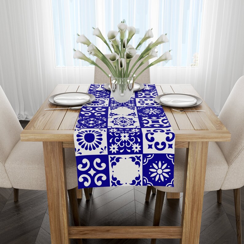 Bright Blue Spanish Style Kitchen Runner, Ethnic Table Runner ...