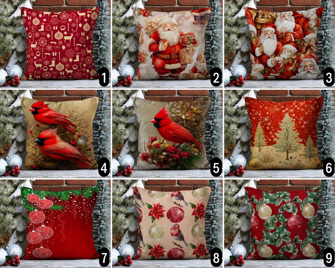 Red & Burgundy Christmas Throw Pillow Cover, Cardinal Bird and Santa ...