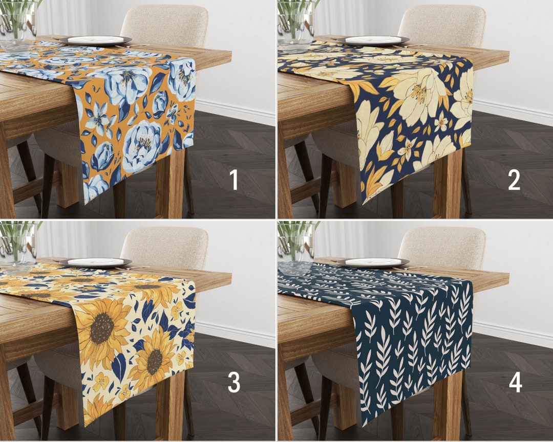 Yellow & Navy Blue Flowers Runner, Floral Table Runner, Sunflower ...