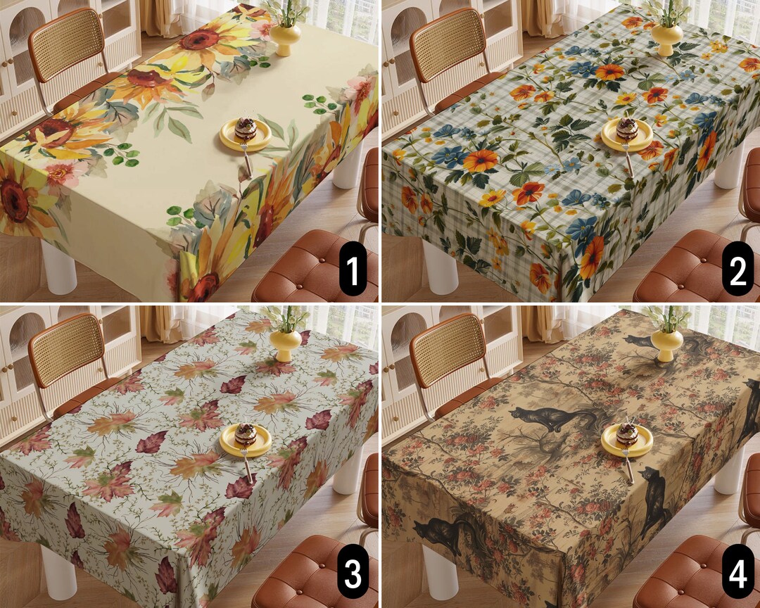 Fall Design Tablecloth, Autumn Leaves & Flowers Tablecloth, Dining Room ...