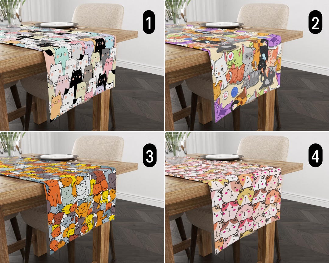 Cute Cats Table Runner, Playful Kitten Portraits Table Runner, Colorful ...