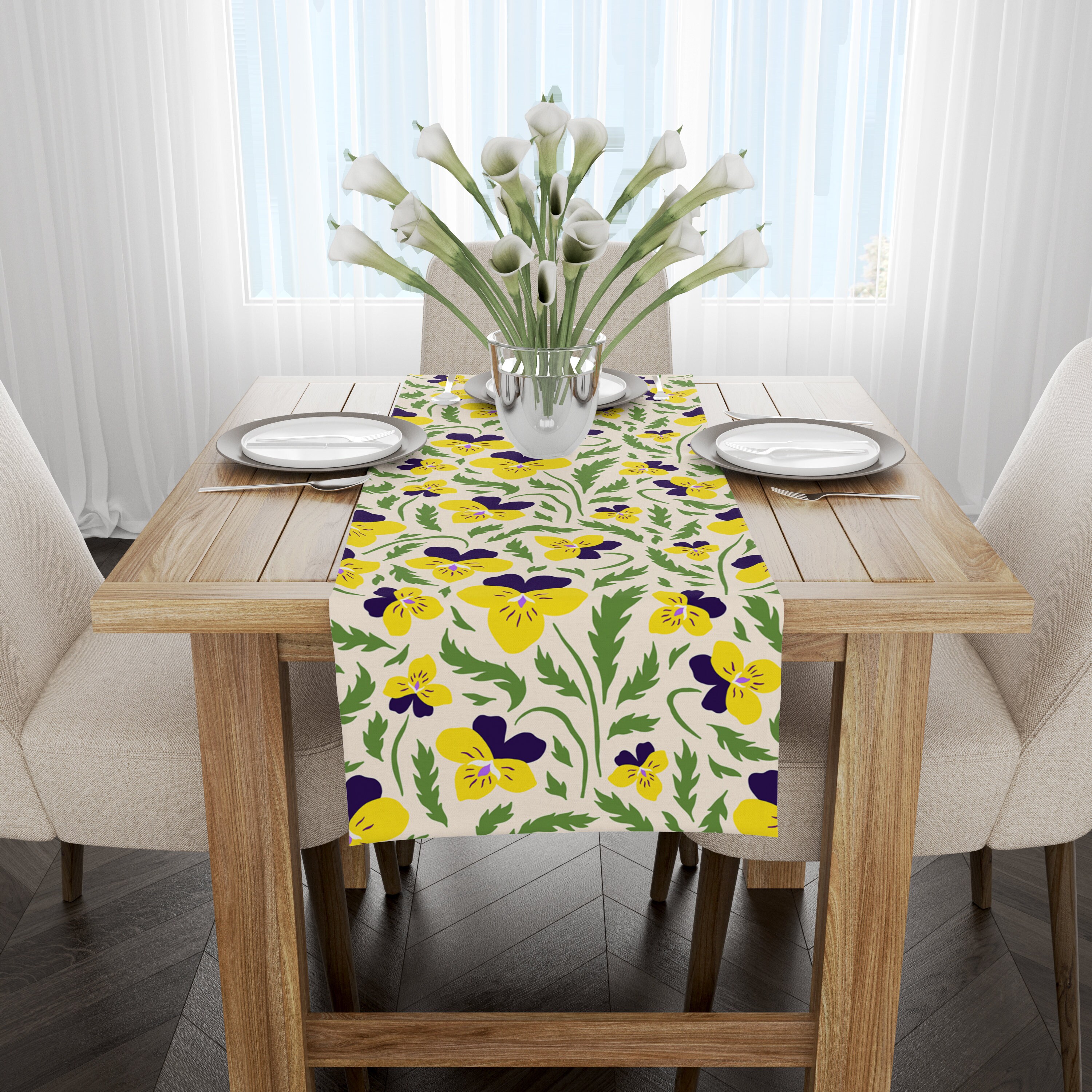 Yellow Flowers Table Runner, Floral Pattern Kitchen Runner, Sunflower ...