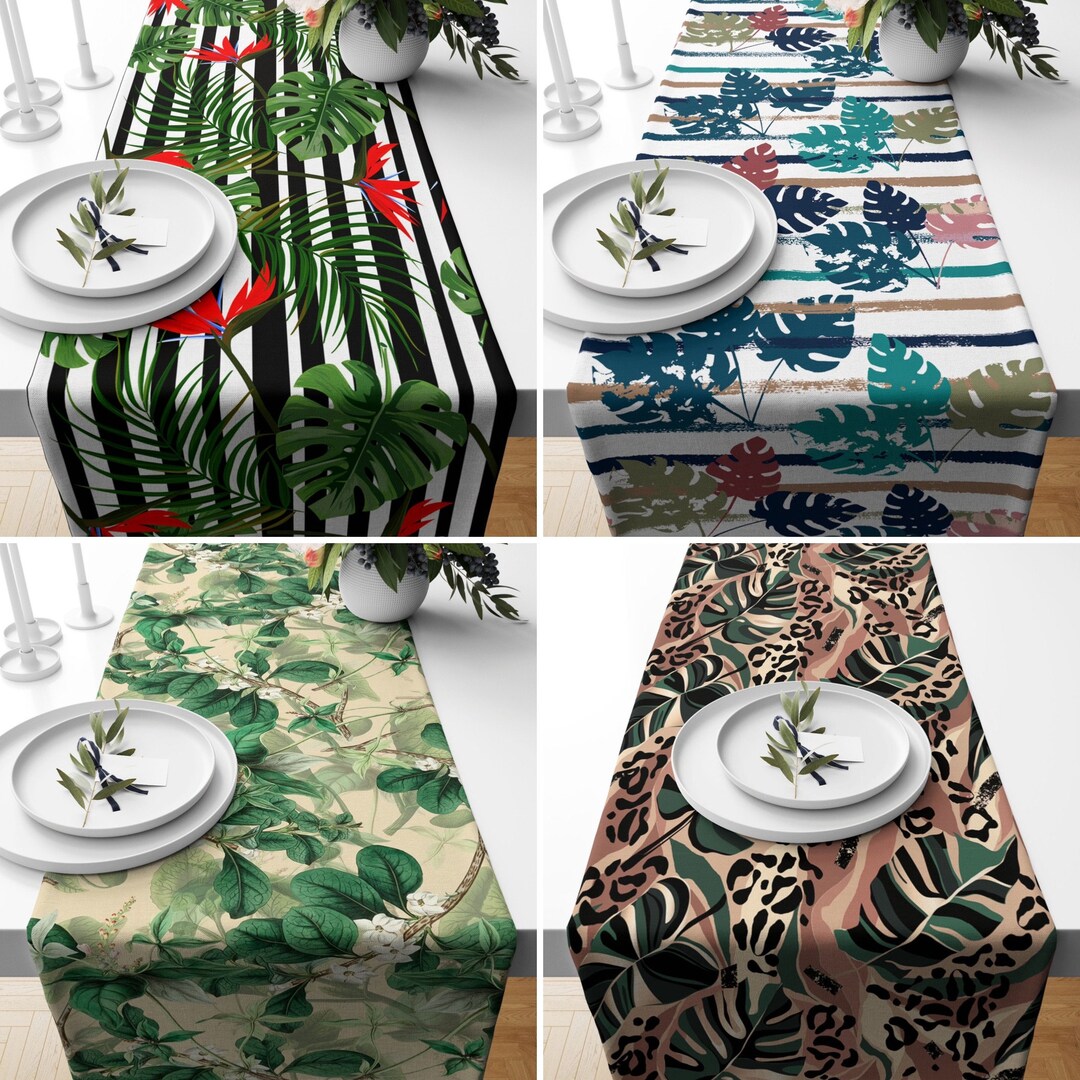 Green Leaves Table Runner, Exotic Plant Leaf Kitchen Runner, Botanical ...