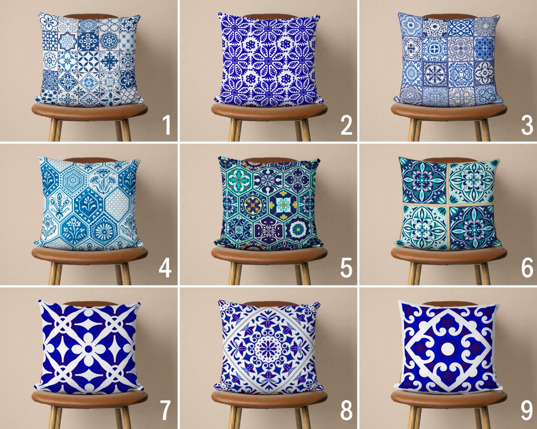 Blue Tile Design Pillow Cover, Spanish Tile Cushion Cover, Portuguese ...