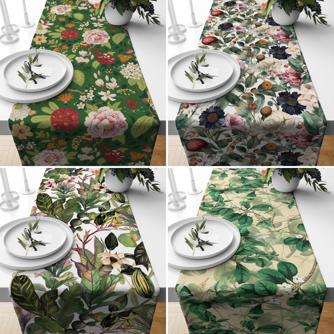 Green Leaves & Flowers Table Runner, Floral Any Custom Size Table ...