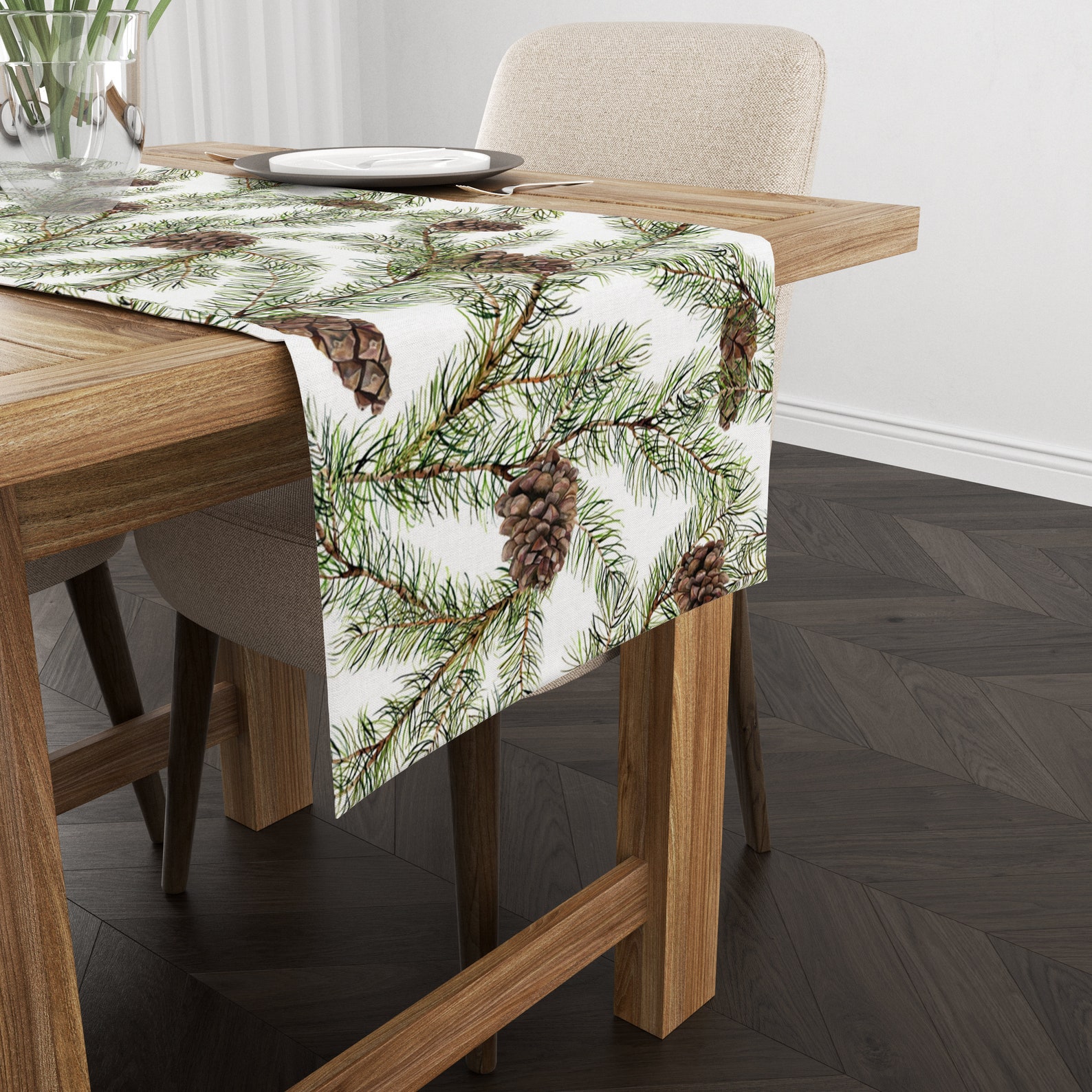 Pine Cone Table Runner Pine Tree Kitchen Runner Green Winter - Etsy