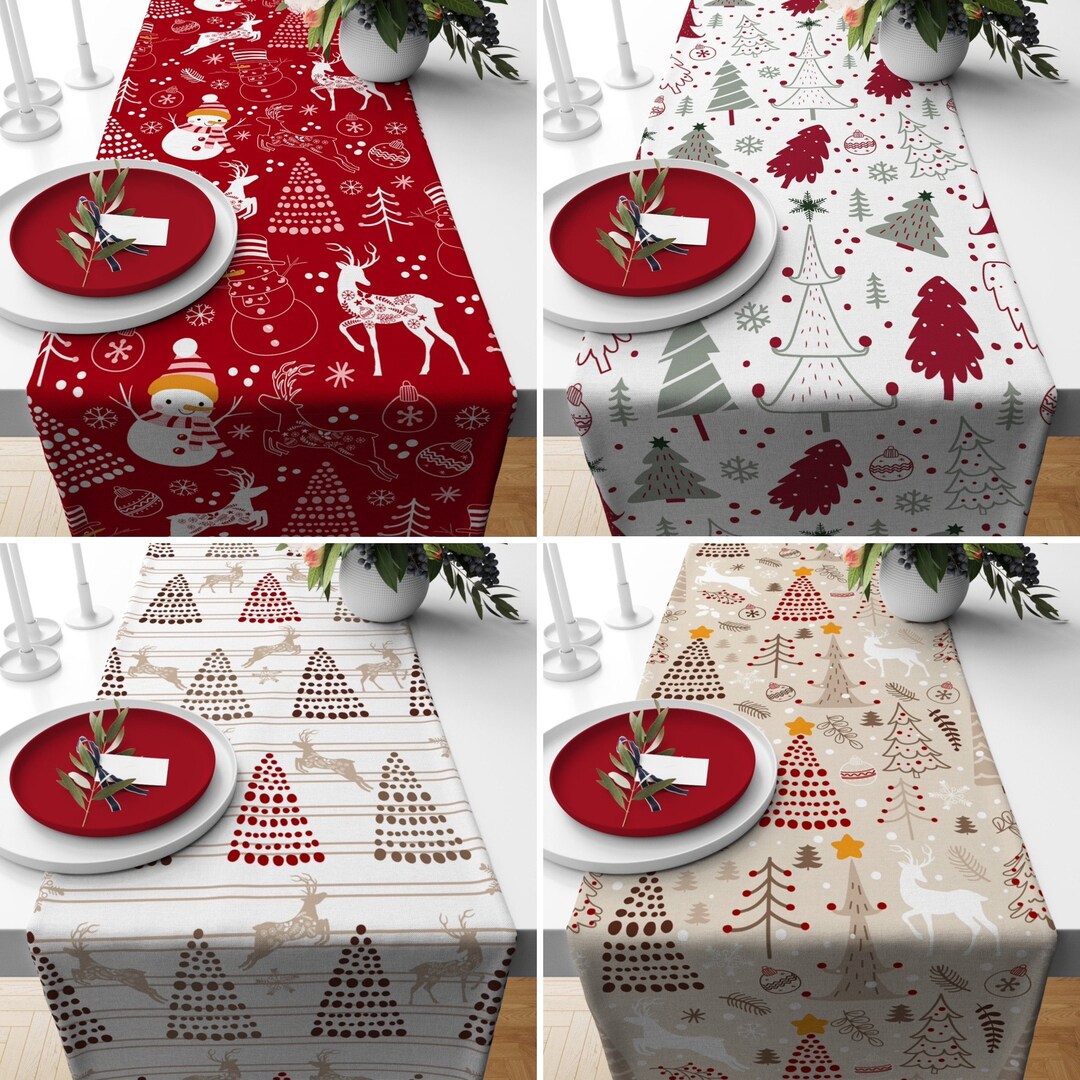 Pine Tree & Deer Design Christmas Table Runner, Winter Holiday Dining ...