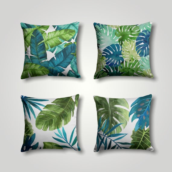 Blue & Green Tropical Leaves Pillow Covers Botanical Pillow - Etsy
