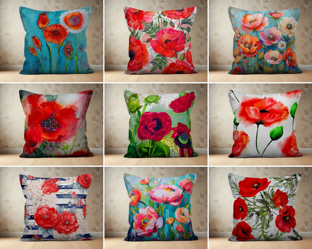Poppy Flowers Throw Pillow Case, Floral Red Poppies Design Cushion ...