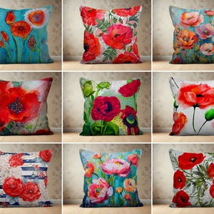 Poppy Flowers Throw Pillow Case, Floral Red Poppies Design Cushion ...