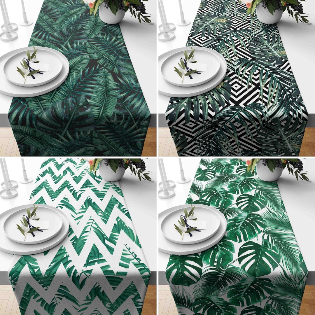 Green Boho Leaves Table Runner, Giant Botanical Leaf Design Kitchen ...