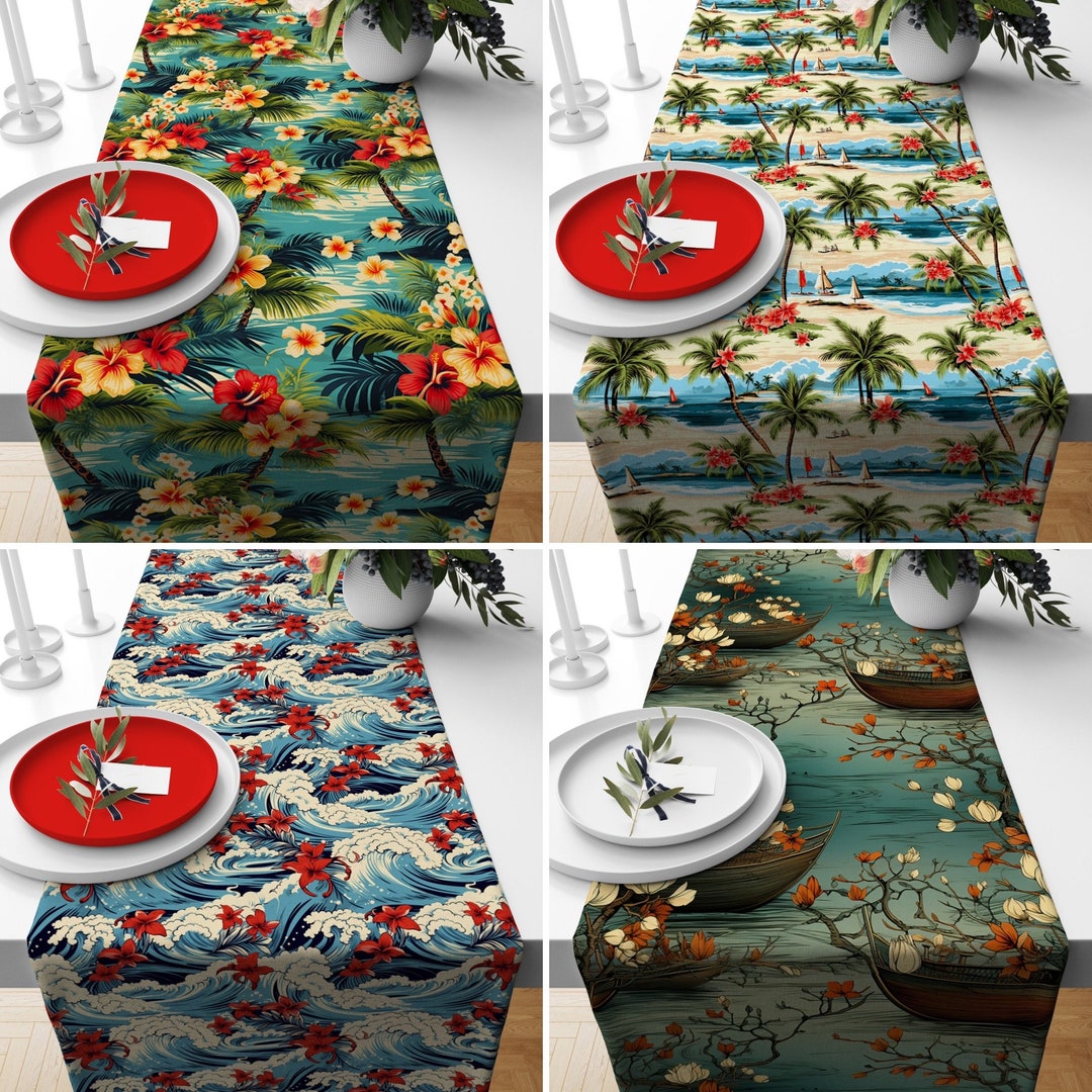Tropical Design Table Runner, Palm Trees & Hibiscus Flowers Runner ...