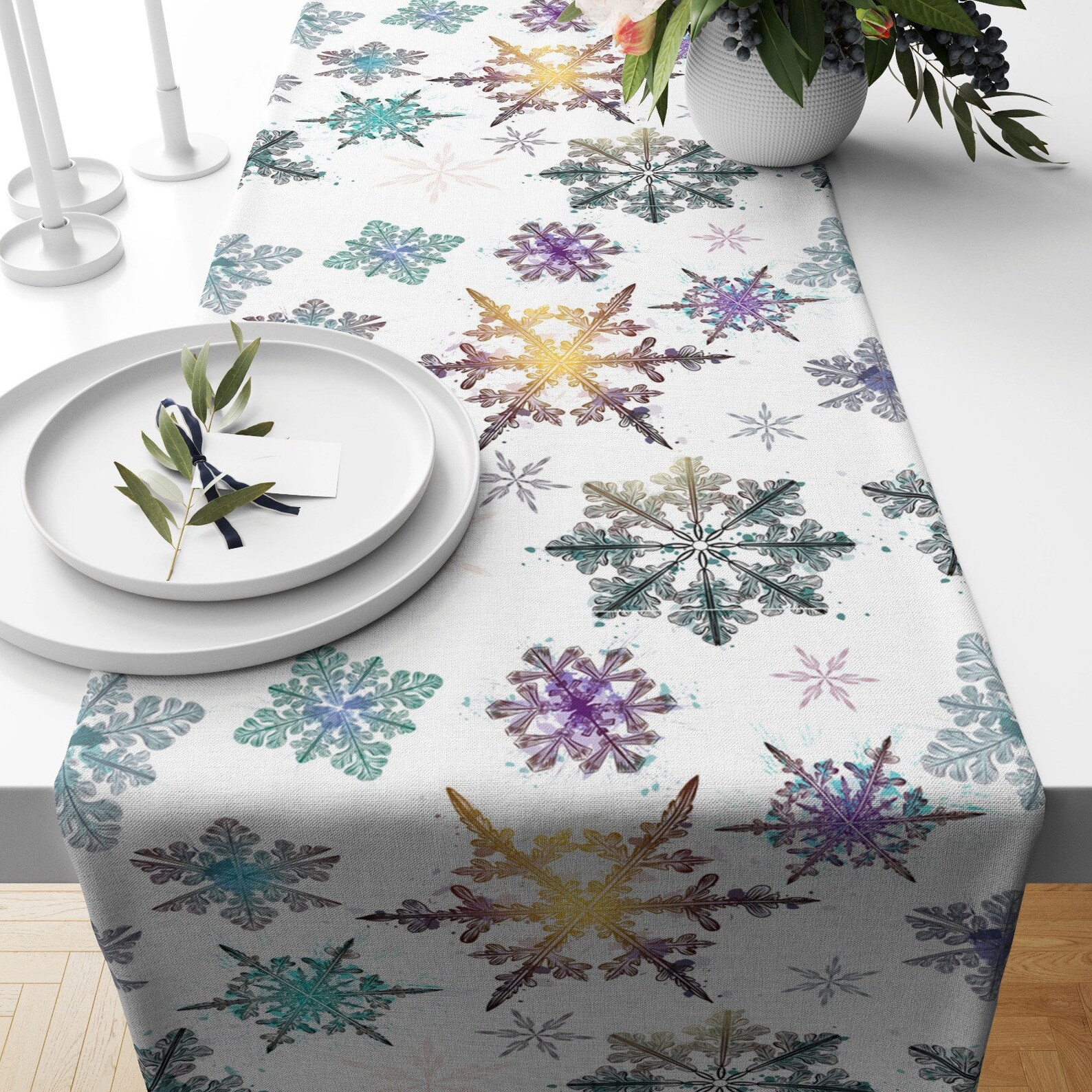Blue Snowflakes Table Runner, Snowy Winter Runner, Christmas Tablecloth ...