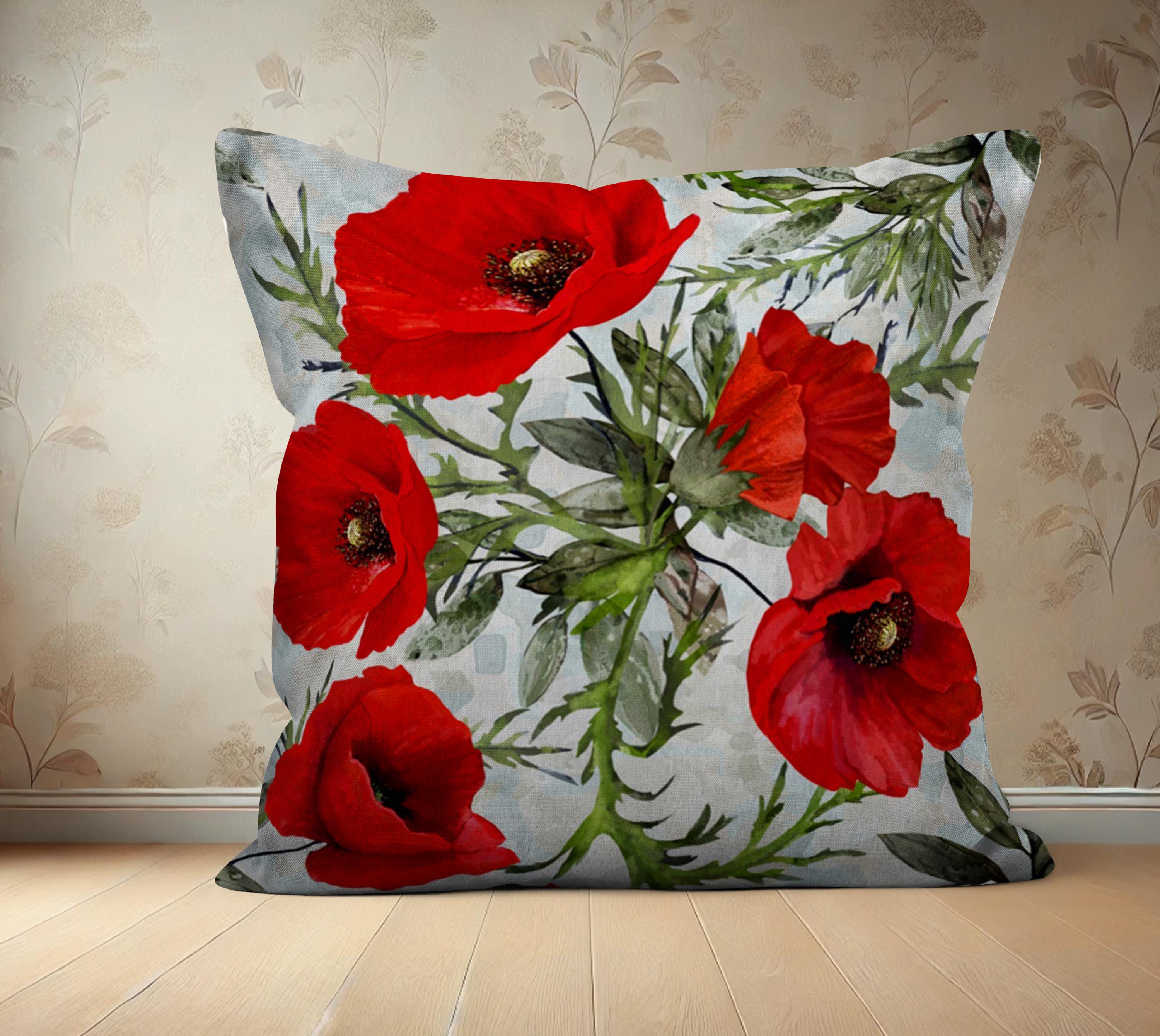 Poppy Flowers Throw Pillow Case, Floral Red Poppies Design Cushion ...