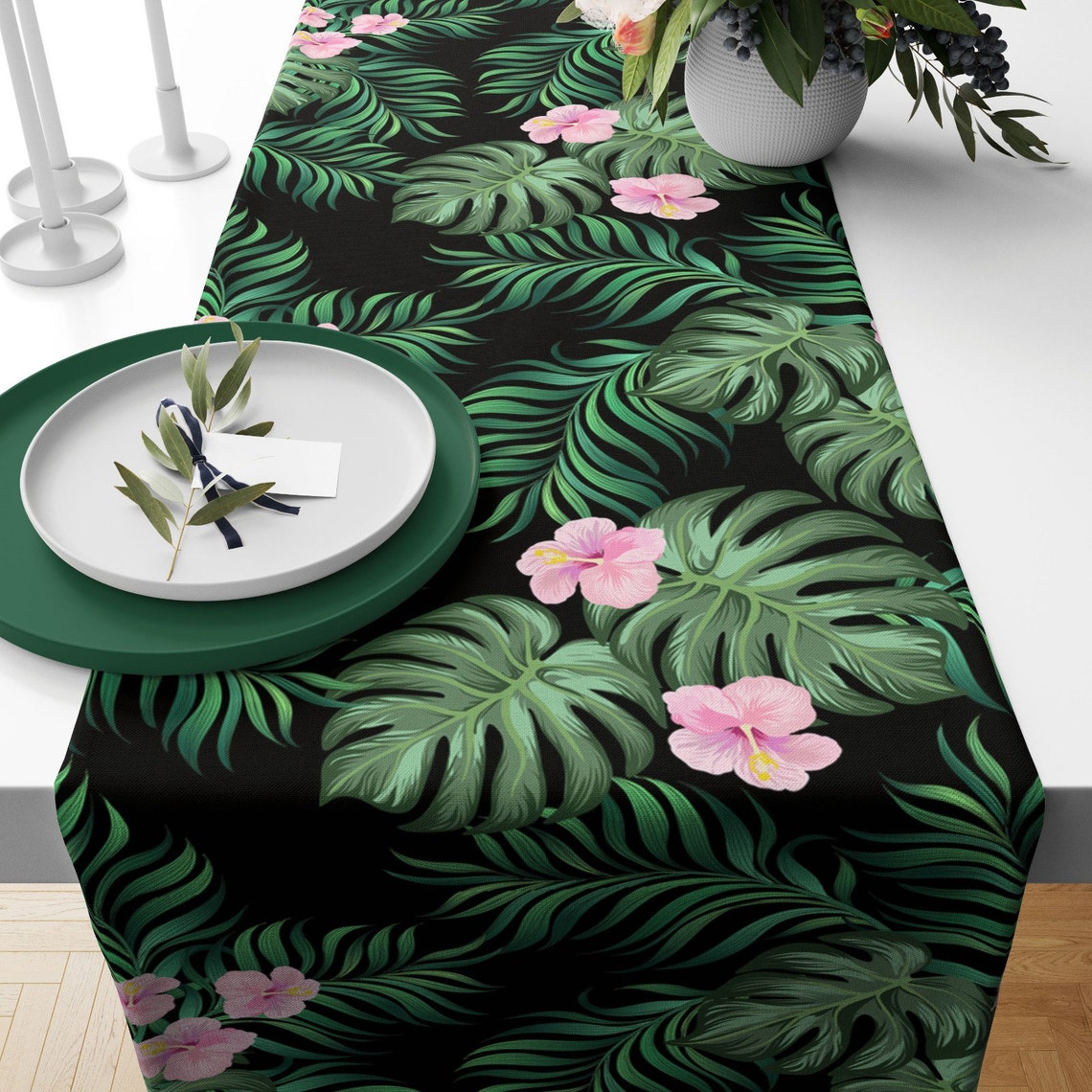 Floral Leaves Table Runner, Green Kitchen Runner, Monstera Tablecloth ...