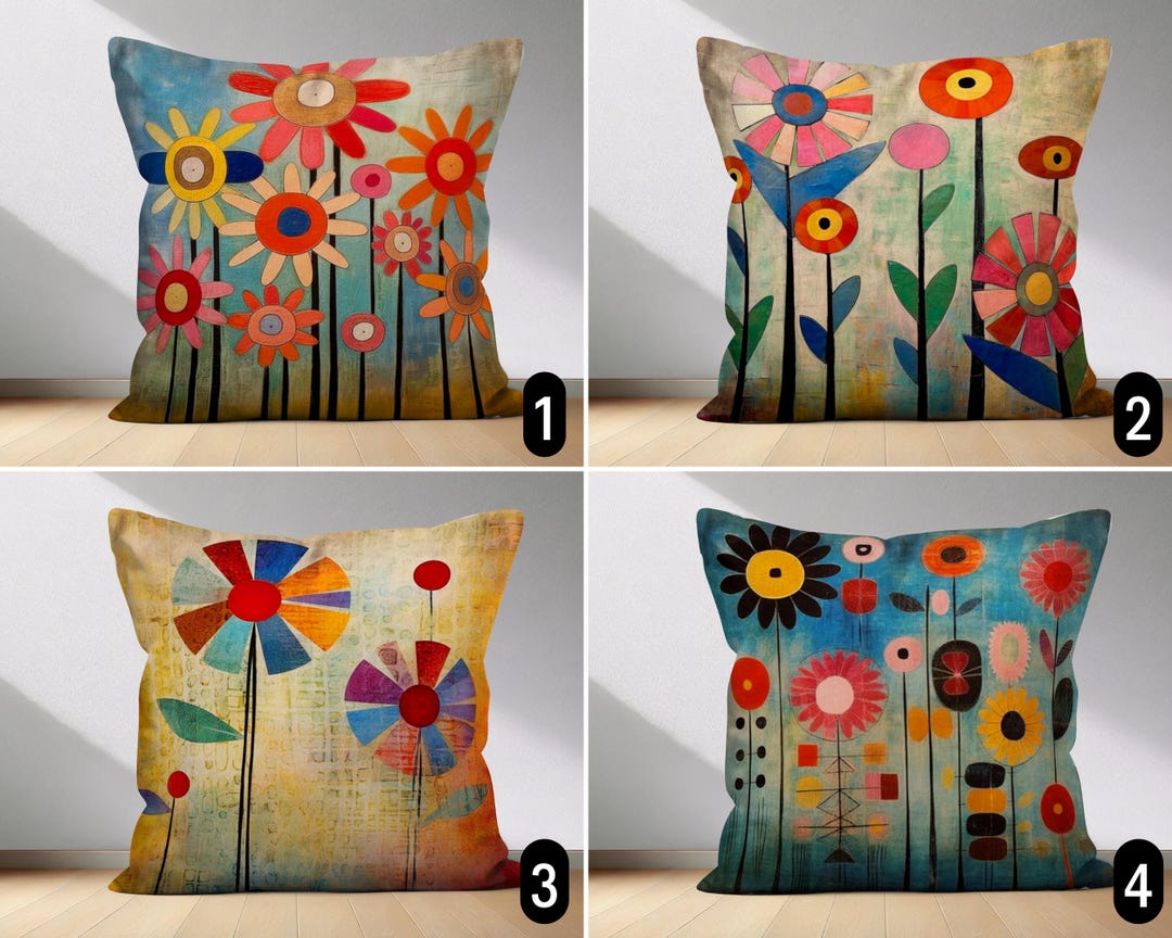 Floral Colorful Retro Pillow Cover, Abstract Flowers Art Cushion Cover ...