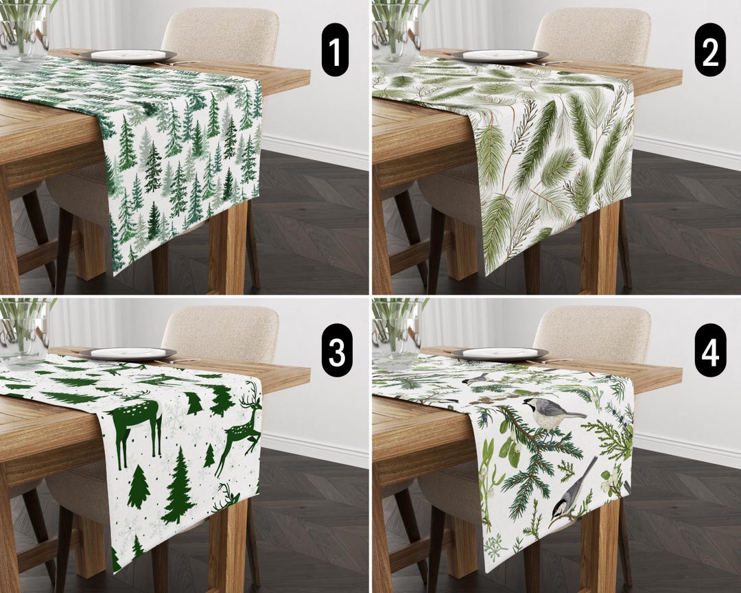 Green Winter Holiday Table Runner, Floral Christmas Trees Birds & Deers ...