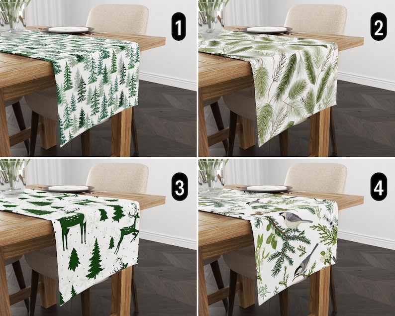 Green Winter Holiday Table Runner, Floral Christmas Trees Birds & Deers ...