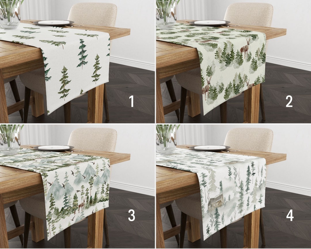 Pine Tree & Deer Table Runner, Floral Christmas Kitchen Runner, Winter ...