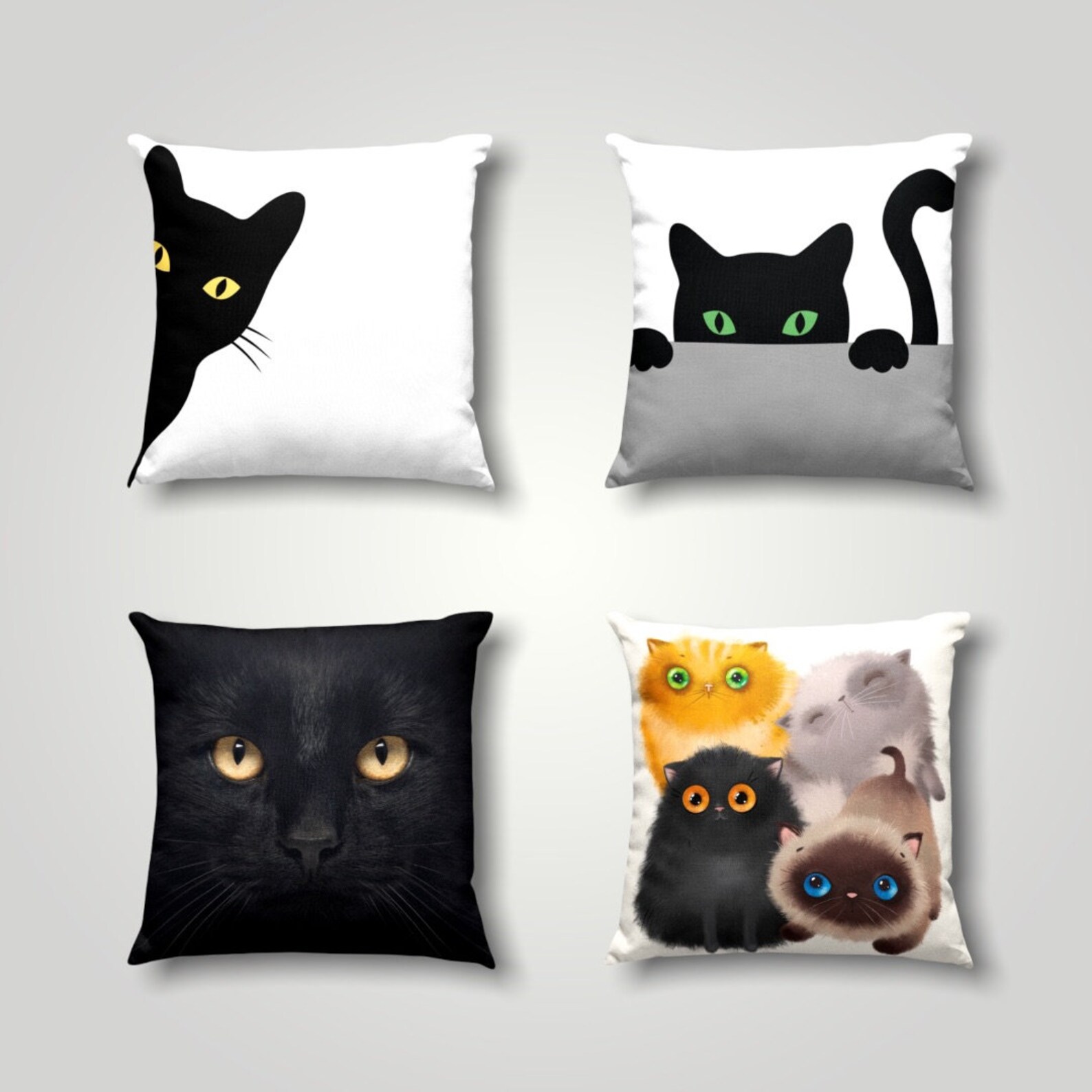 Black Cat Pillow Cover Cute Cat Illustration Cushion Cover - Etsy