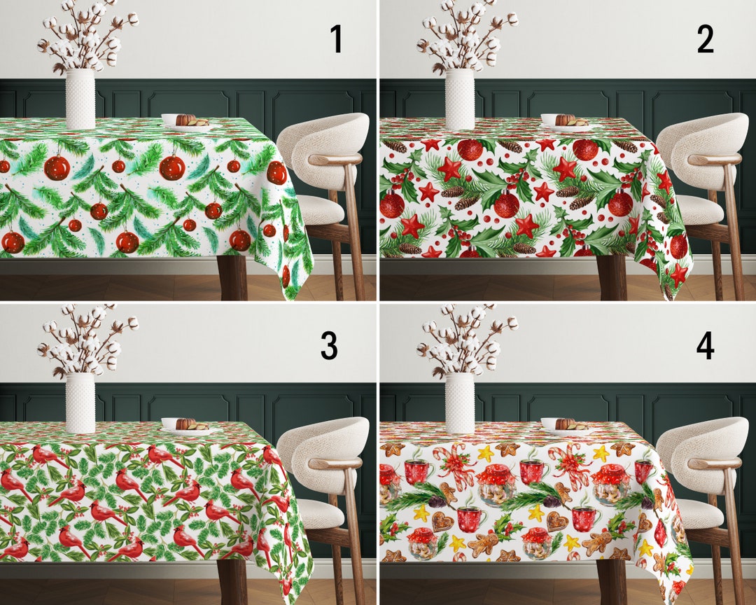 Red & Green Christmas Tablecloth, Pine Tree Ornament Balls Tablecloth ...