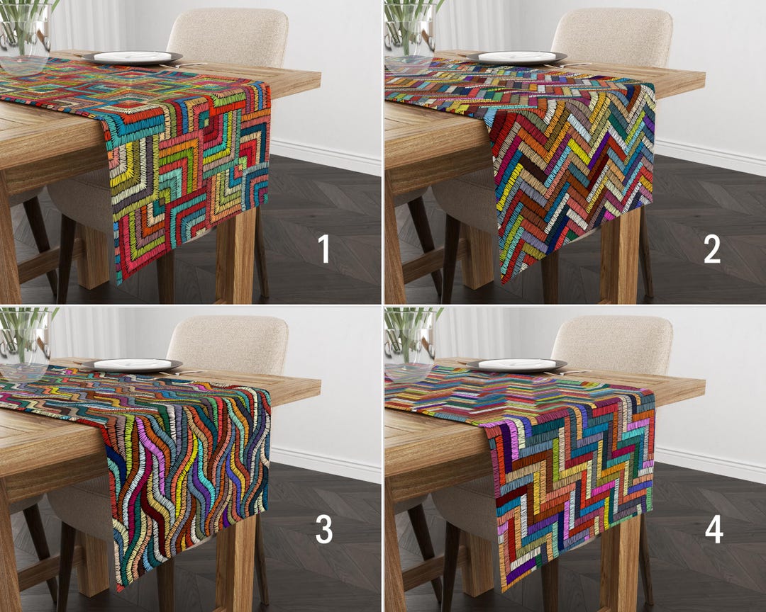 Colorful Embroidery Design Runner, Digital Print Zigzag Wavy Patchwork Pattern Runner, Retro ...