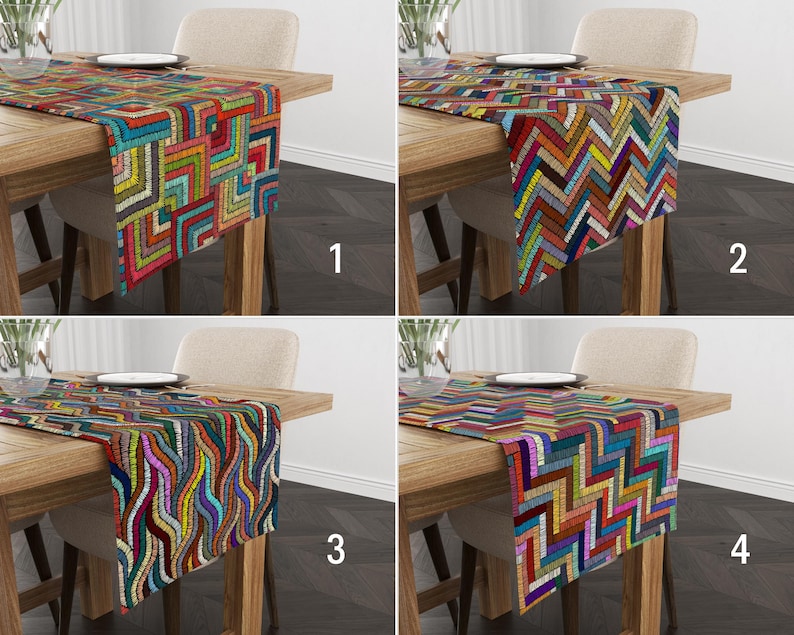 Colorful Embroidery Design Runner, Digital Print Zigzag Wavy Patchwork ...