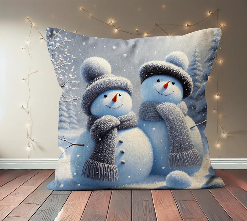 Cute Snowman With Scarf Pillow Cover, Snowy Winter Holiday Scene Pillow ...