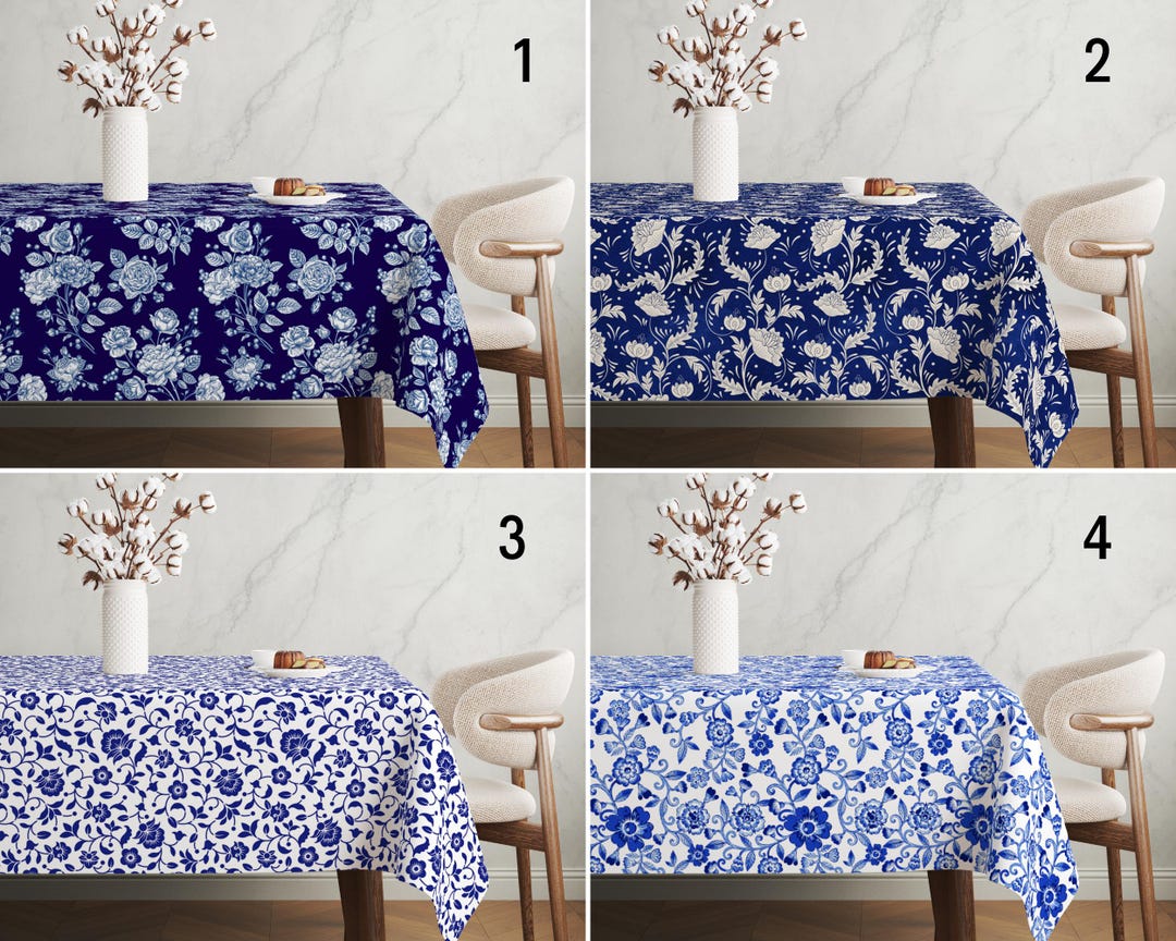 Blue White Floral Tablecloth, Blue Flowers Design Tablecloth, French ...
