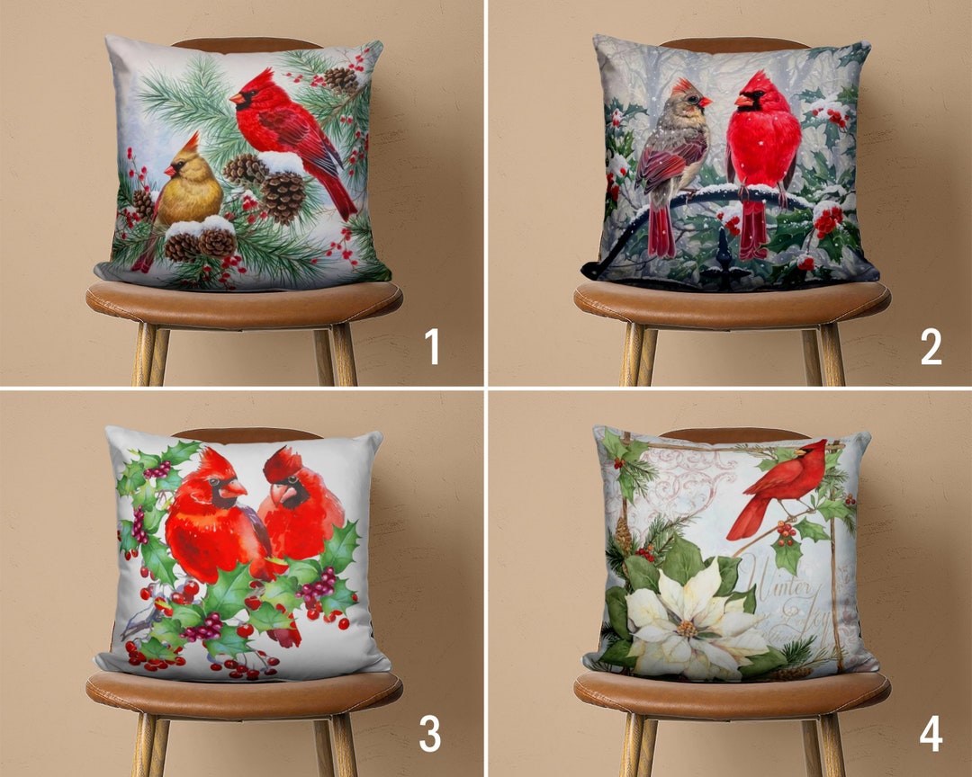 Cute Cardinal Bird Pillow Cover, Red Bird on Tree Cushion Cover, Floral ...