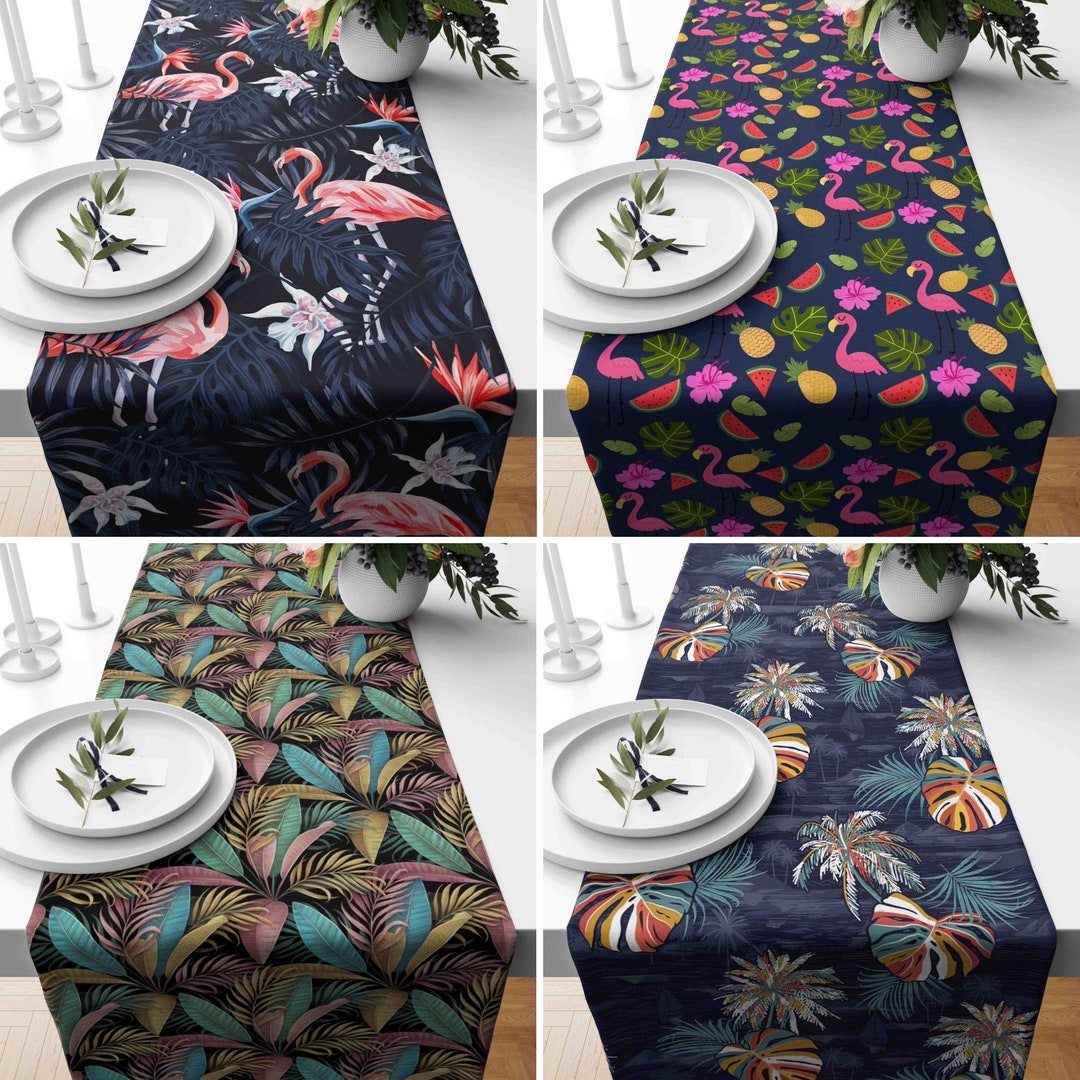 Flamingos & Palm Trees Table Runner, Tropical Kitchen Runner, Floral ...