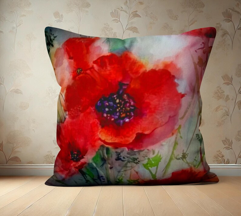 Poppy Flowers Throw Pillow Case, Floral Red Poppies Design Cushion ...