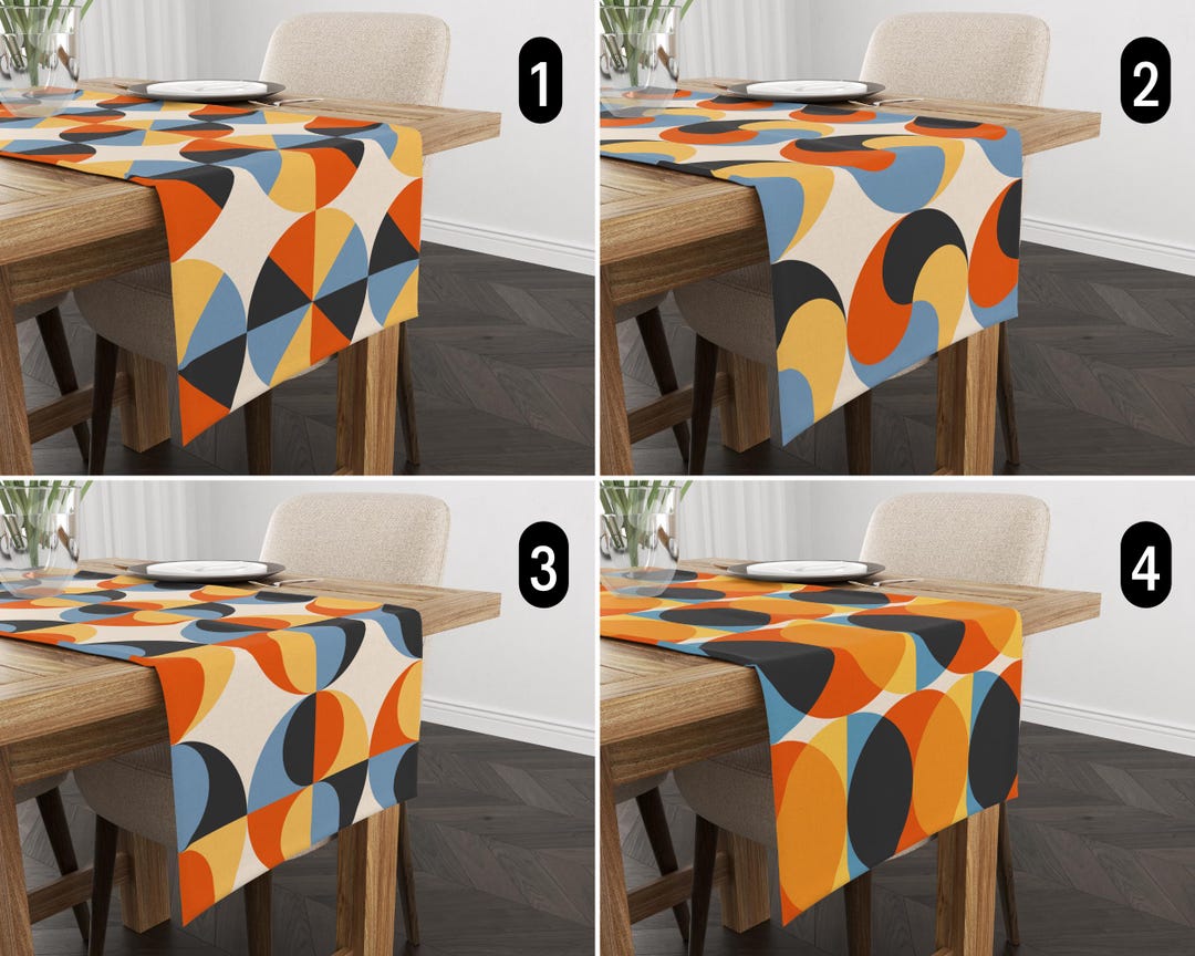 Retro Circle Design Table Runner, Abstract Orange Blue Yellow Geometric ...