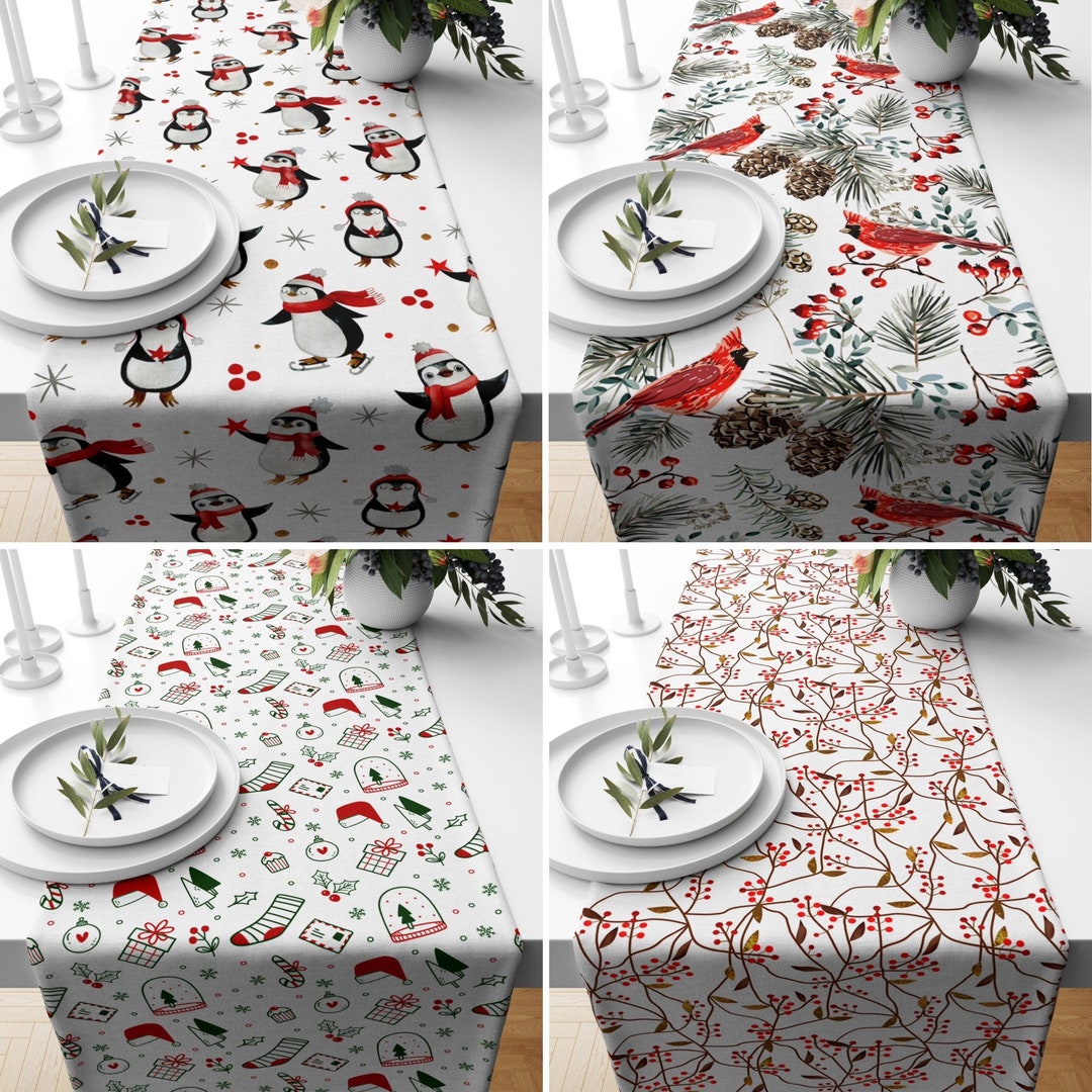 Winter Table Runner, Red & White Christmas Runner, Cardinal Bird Penguin Design Tablecloth, Pine ...
