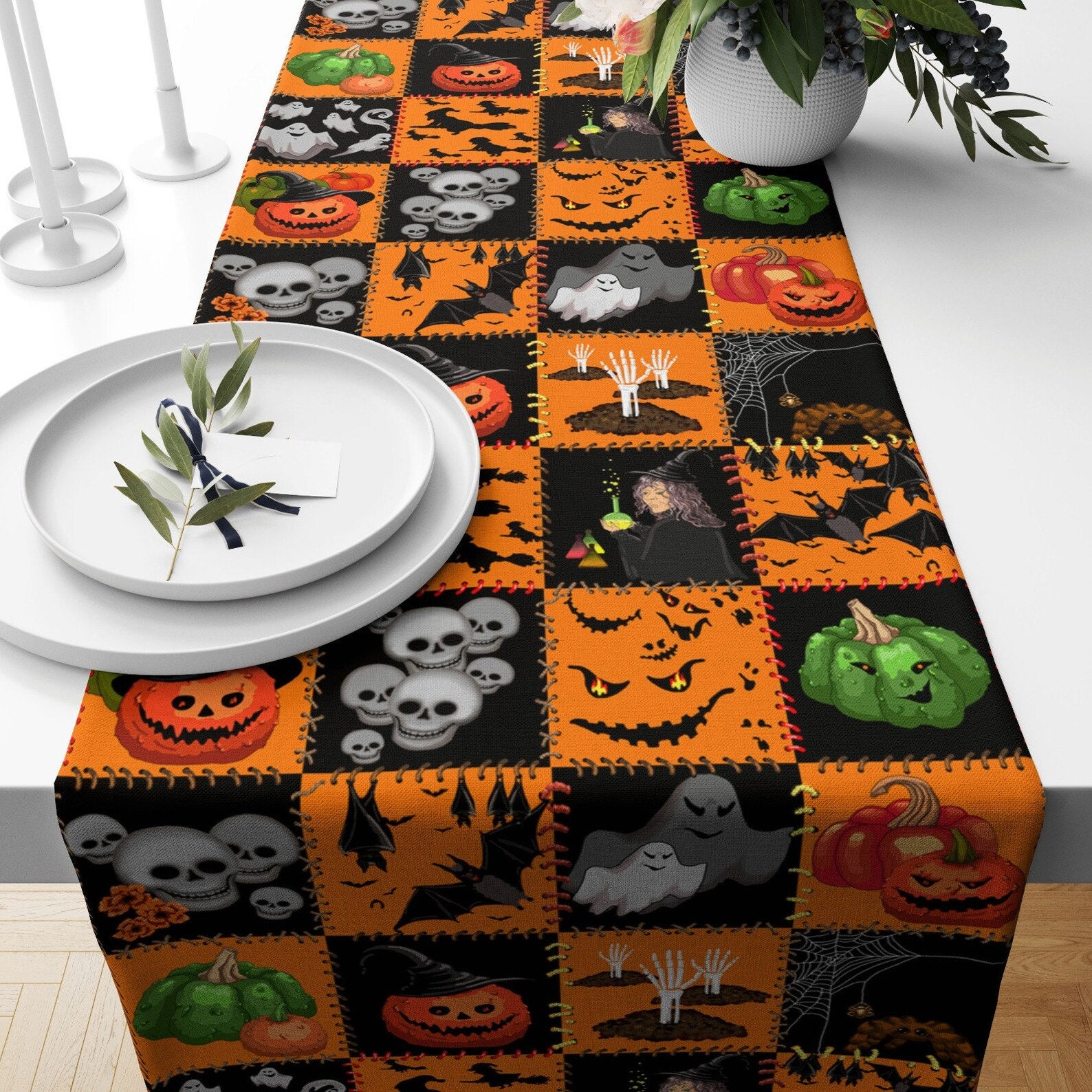 Orange Black Halloween Runner, Skeleton Pumpkin Cat Bat Spider Table ...