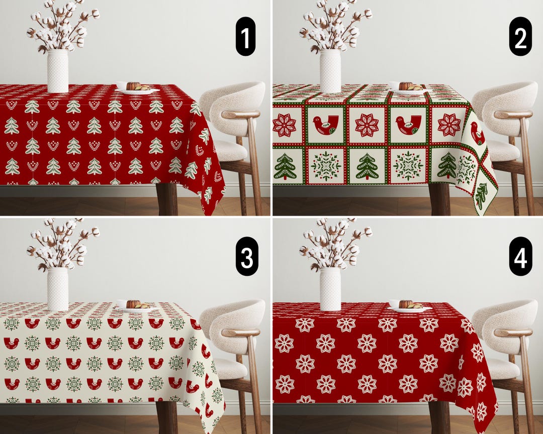 Scandinavian Christmas Tablecloth, Red Green Folk Art Winter Holiday ...