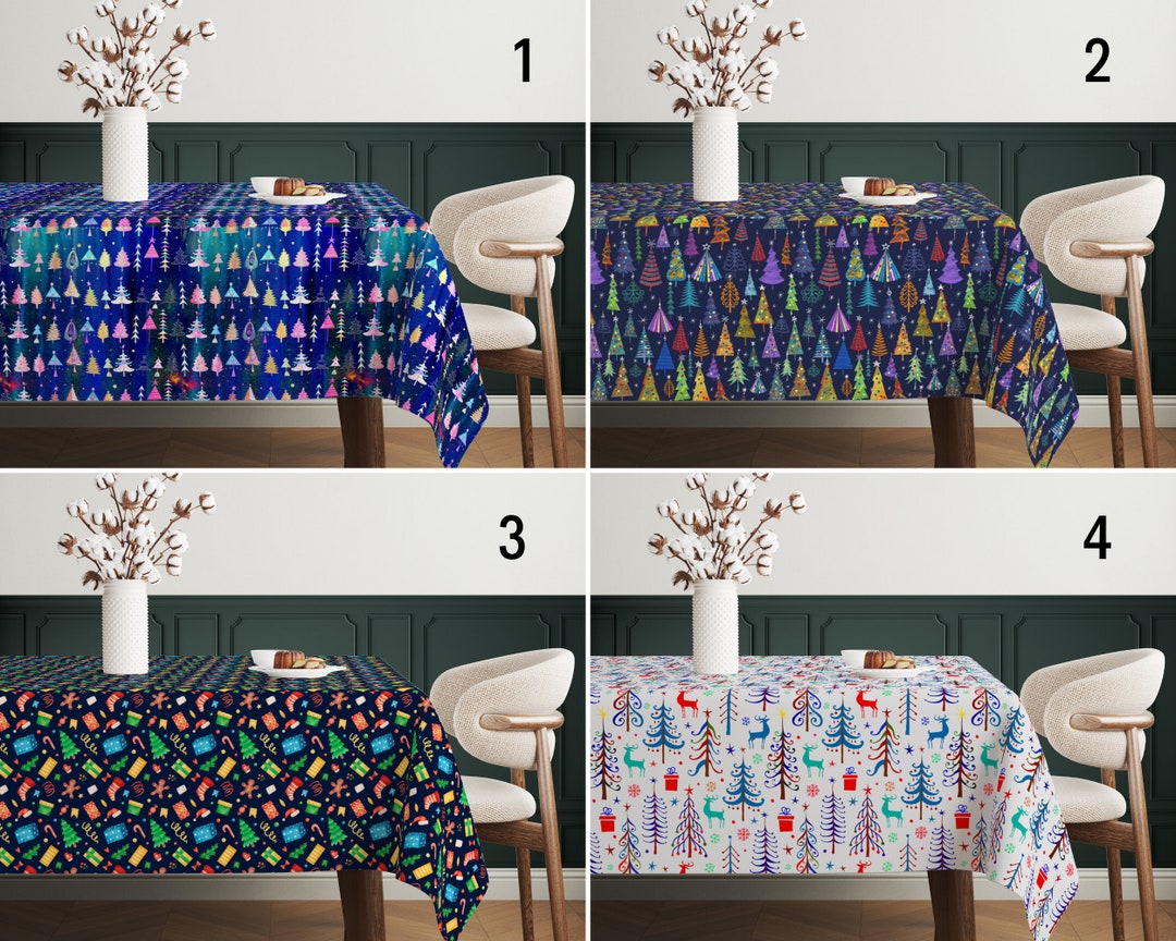 Festive Christmas Tree Tablecloth, Pine Tree Design Blue Tablecloth ...