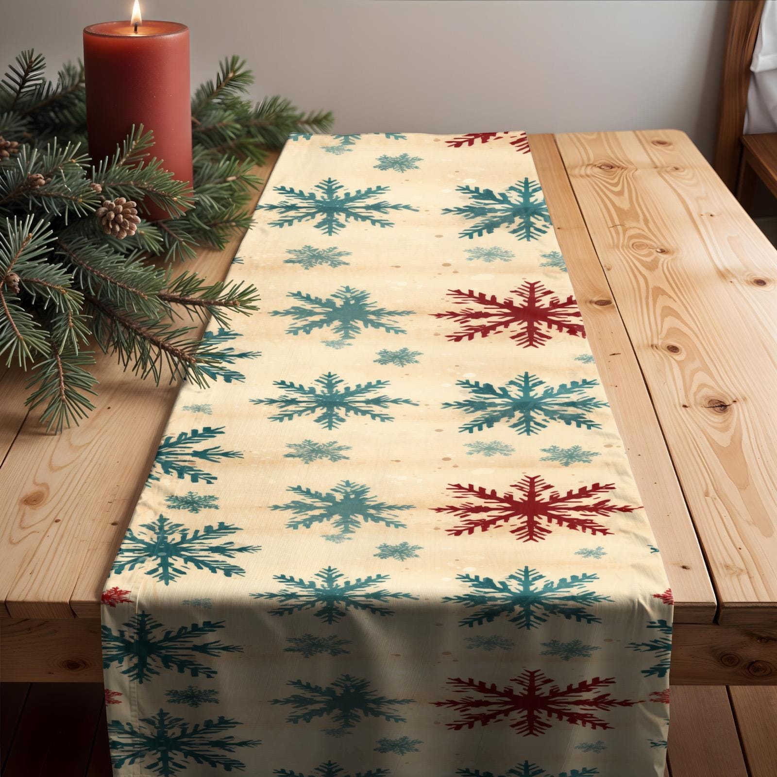 Pine Trees & Snowflakes Table Runner, Vintage Evergreen Forest Table ...